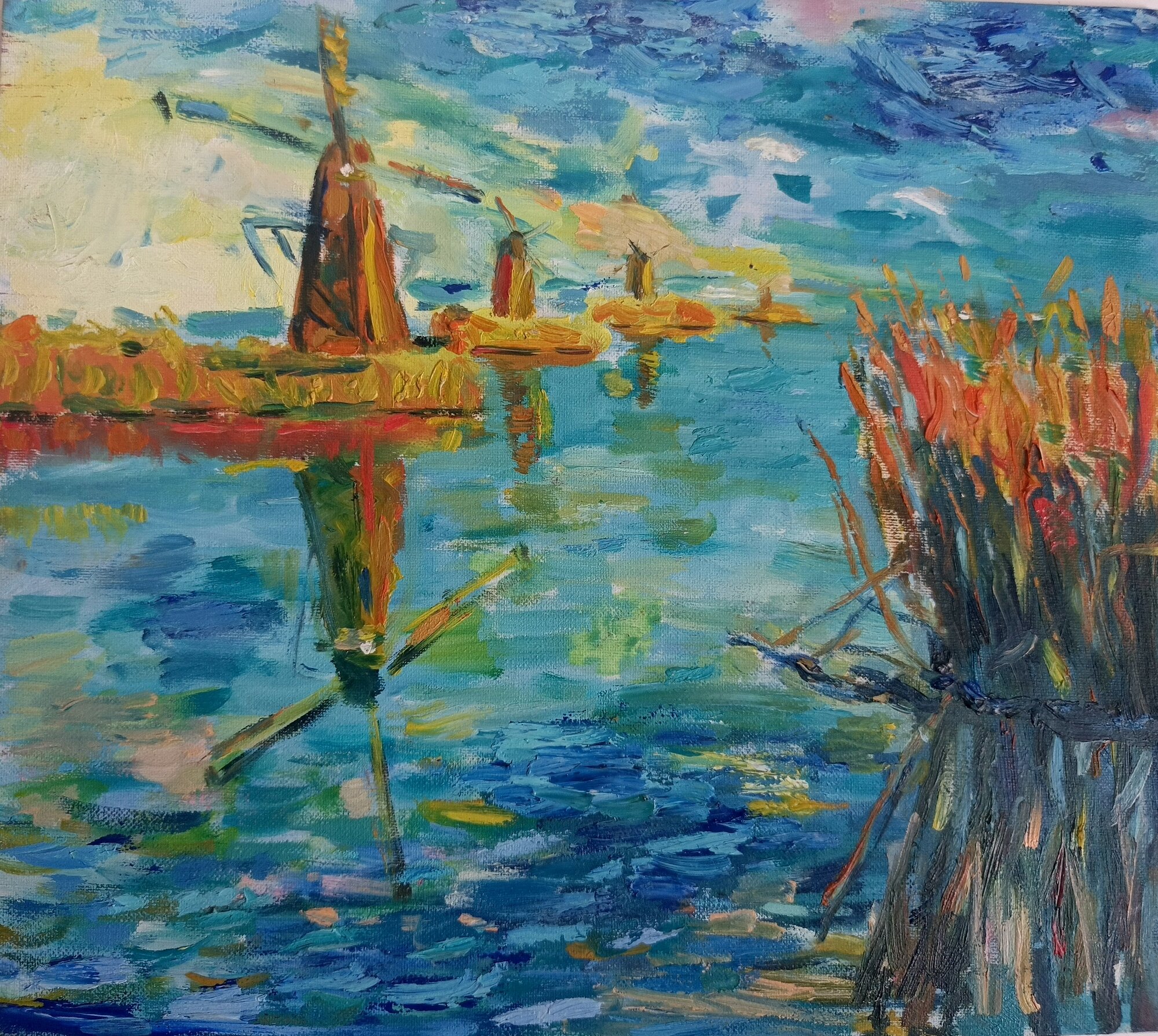 Картина "Пейзаж с Мельницами", импрессионизм, масло, яркий пейзаж