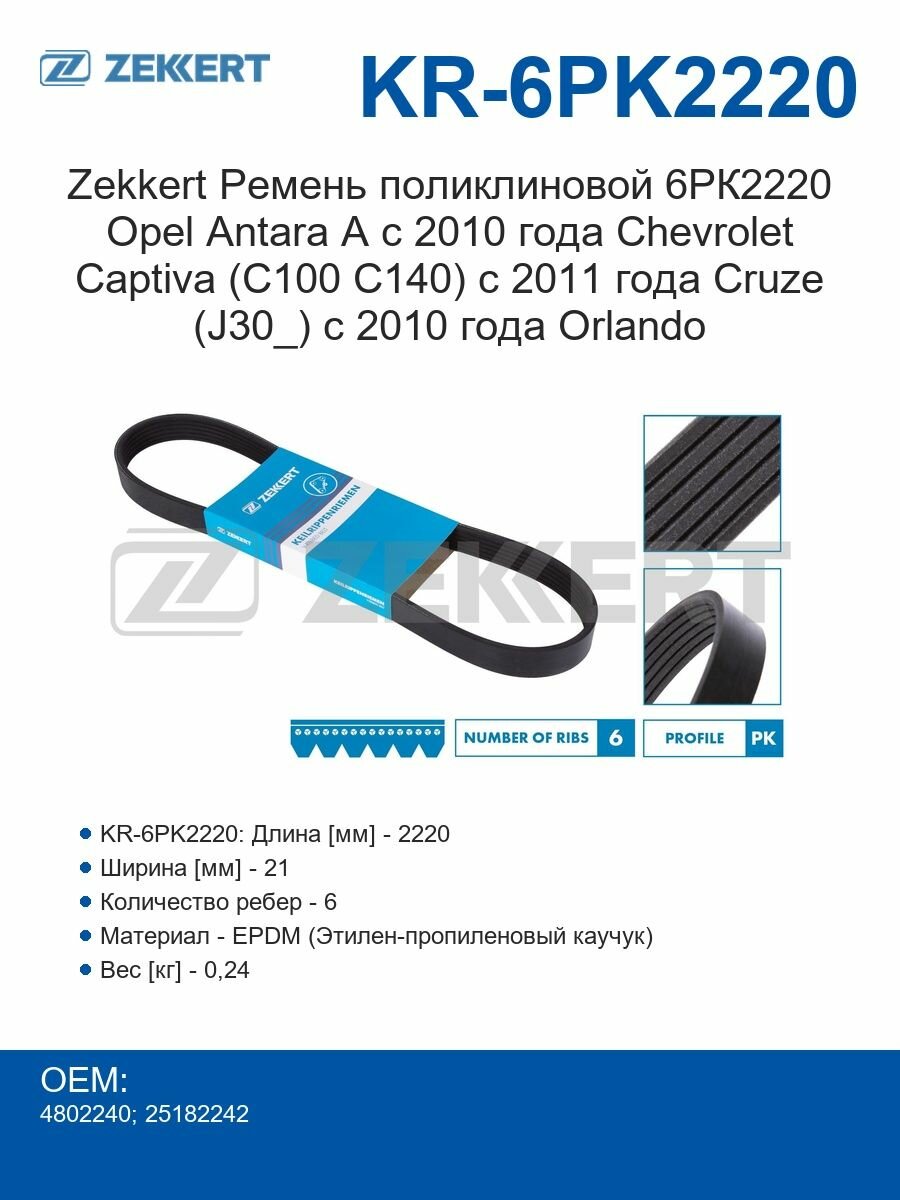 Zekkert Ремень поликлиновой 6РК2220 Opel Antara A с 2010 года Chevrolet Captiva (C100 C140) с 2011 года Cruze (J30_) с 2010 года Orlando