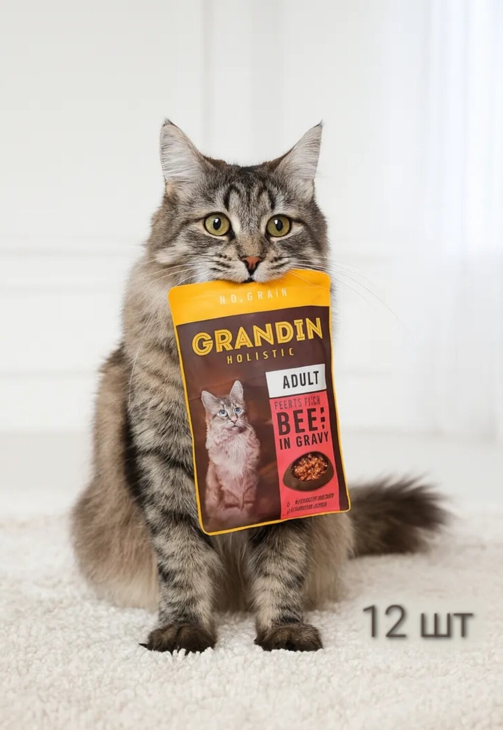 Влажный корм Grandin Adult, для кошек, кусочки с говядиной в соусе, 12шт по 85 гр.