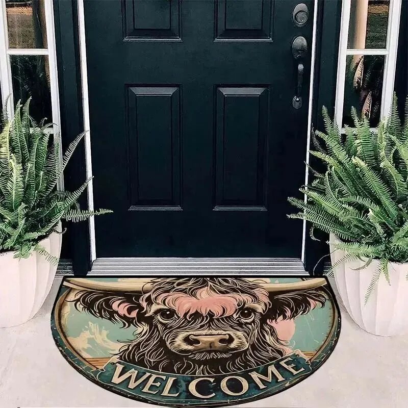Придверный коврик 40×60 см полукруглый с шотландской коровой и надписью Welcome, декоративный ковер для прихожей