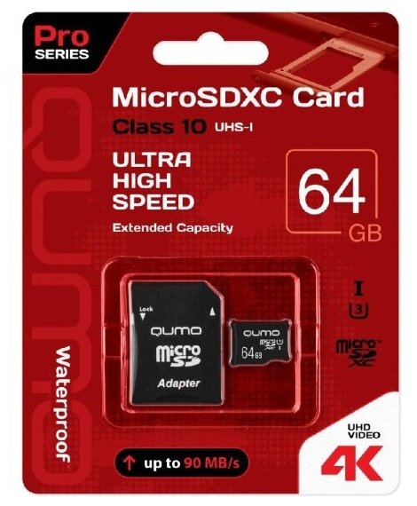 Карта памяти Qumo MicroSDXC 64Gb 90/45 МБ/с UHS-I + ADP (QM64GMICSDXC10U3)