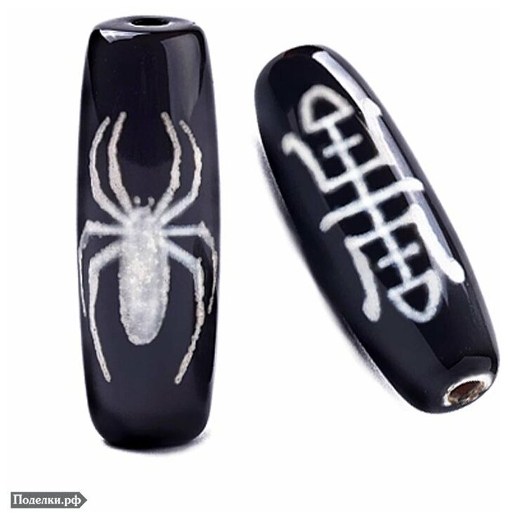 Бусина Дзи натуральный камень Агат черный с белым Счастье и Паук 0010834 цилиндр 30x12 мм, цена за 1 шт.