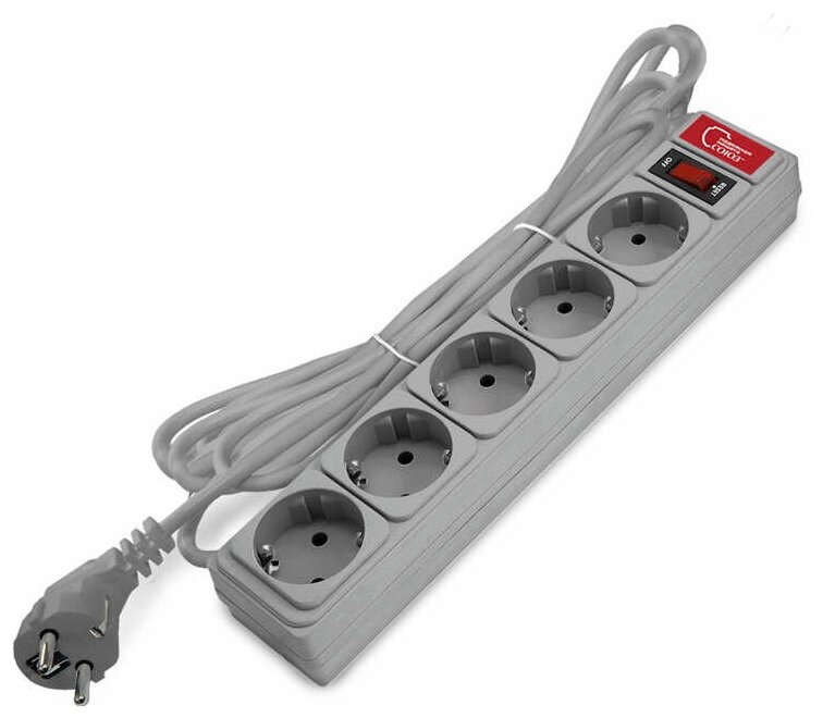 Удлинитель с сетевым фильтром 5х3м 10А IP21 ПВС 3х0.75 сер. Союз 1329