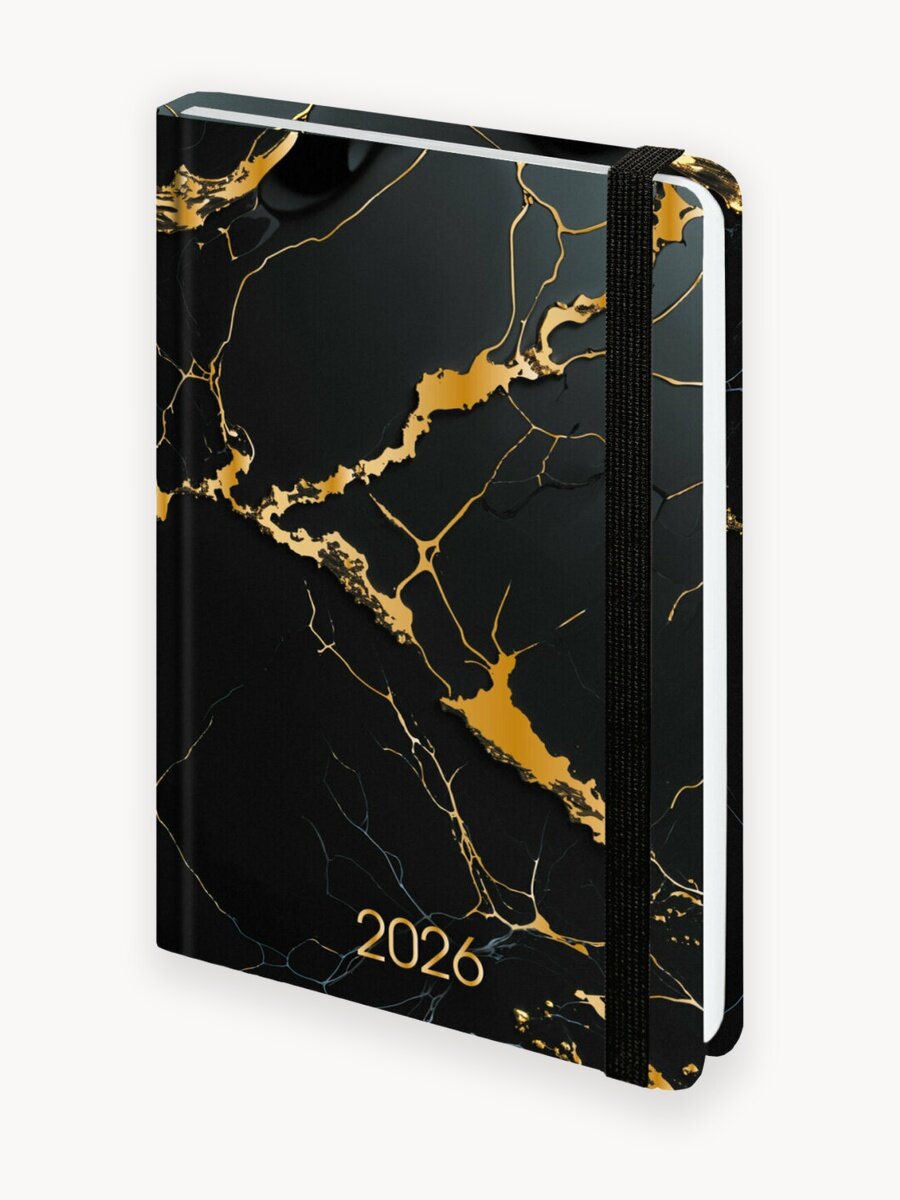 Ежедневник датированный 2026, планер планинг, записная книжка А5 145х203 мм, с резинкой, твердая обложка, Brauberg Черный мрамор, 117338