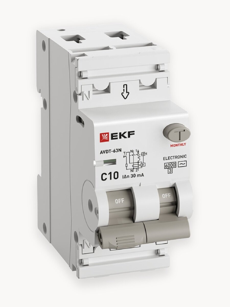 Дифавтомат EKF PROXIMA АВДТ-63N 10А (C) 30мА, тип AC, 1P+N (двухполюсный), 6кА, электронный