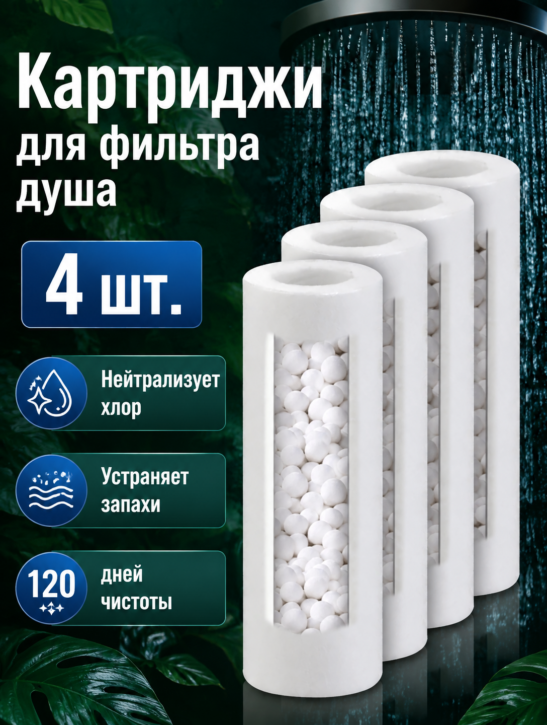 4 Картриджа(для фильтра для душа от хлора накипи и примесей)