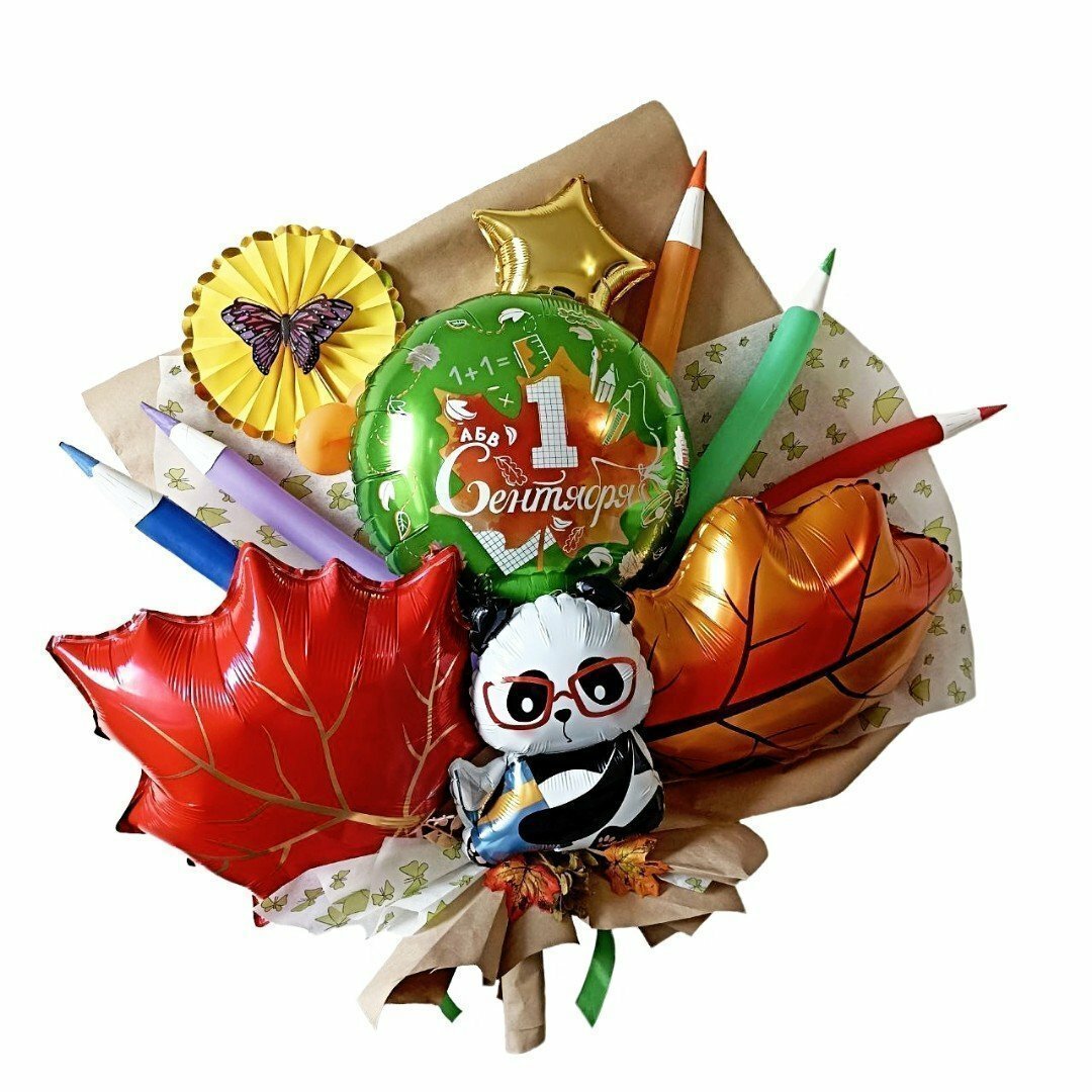 Букет из мини-шаров на 1 сентября с пандой