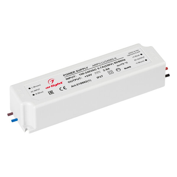 Источник напряжения Arlight Блок питания ARPV-LV24060-A (24V, 2.5A, 60W) (Arlight, IP67 Пластик, 3 года)