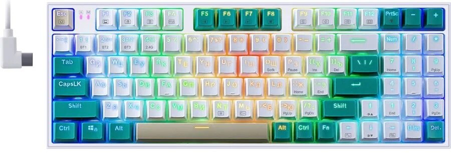 Клавиатура Redragon Veigar, USB, Bluetooth/Радиоканал, белый + синий [71476]