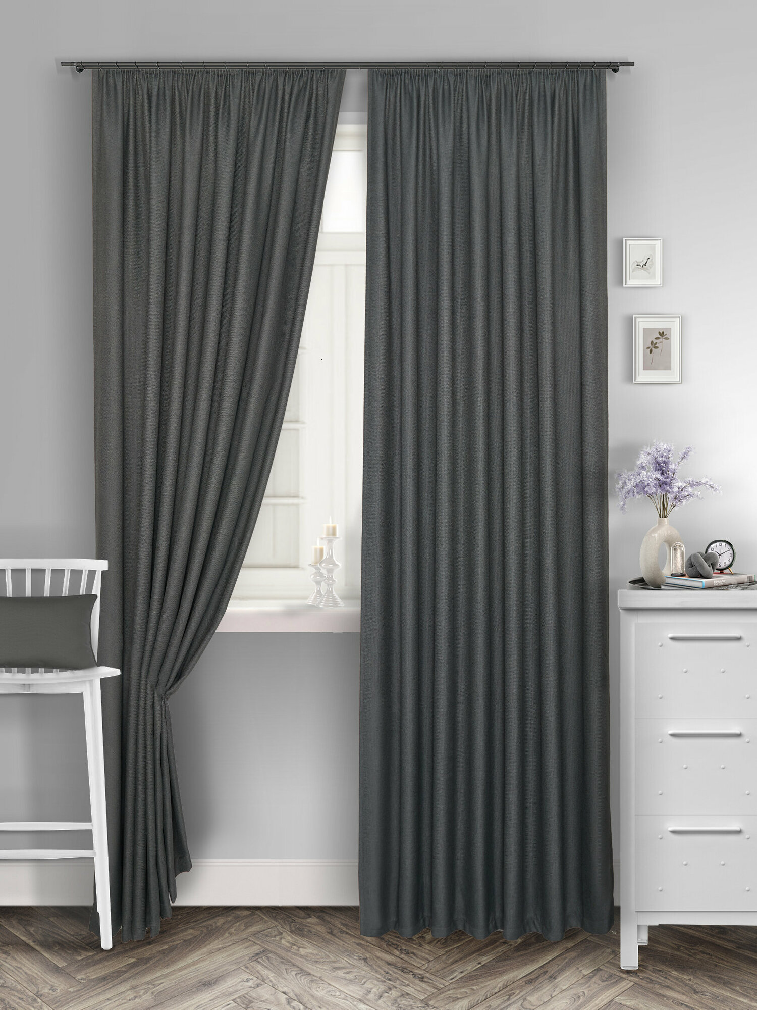 Комплект штор для комнаты блэкаут рогожка на ленте 60 мм, две портьеры общей шириной 500 см и высотой 250 см, графитовый цвет