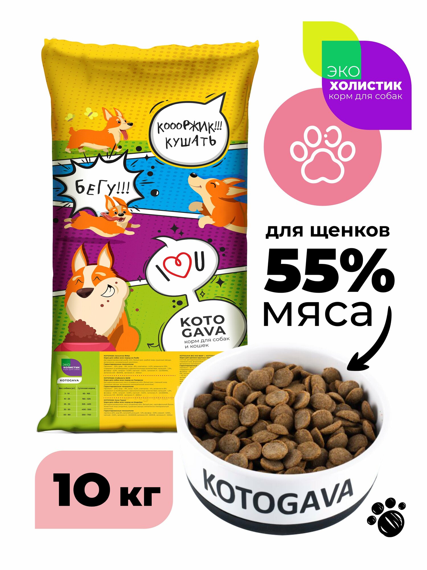 KOTOGAVA сухой корм для щенков 55% мяса, холистик с хондропротекторами 10кг