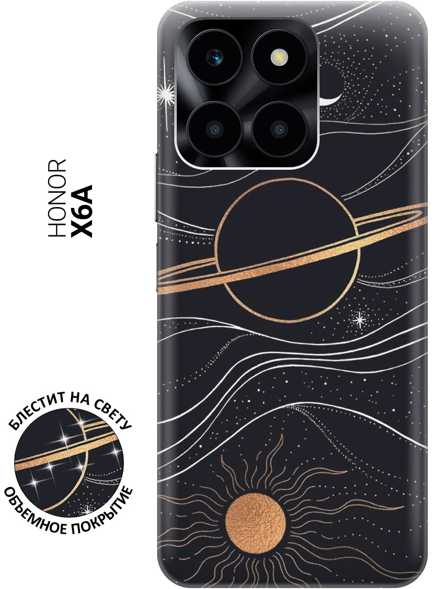 Силиконовый чехол на Honor X6a / Хонор х6а с рисунком "Сатурн, солнце и звезды" Soft Touch черный