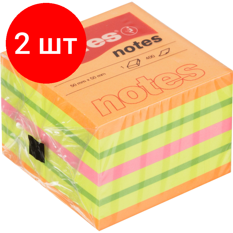 Комплект 2 штук, Стикеры Kores CUBO 50x50мм, смешан. неон. цв (оранж, желт, зелен, роз) 400л 48460