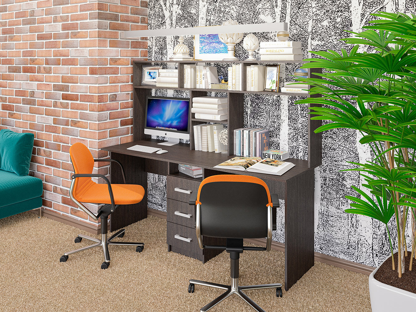 Стол компьютерный МК"Пирамида" СК-58 с надстройкой, двухместный, 3 ящика, цвет венге, 150х174х60 см