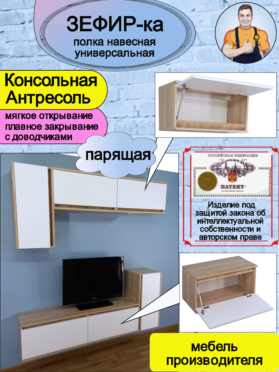 Полка навесная под ТВ универсальная для гостиной зефир-ка