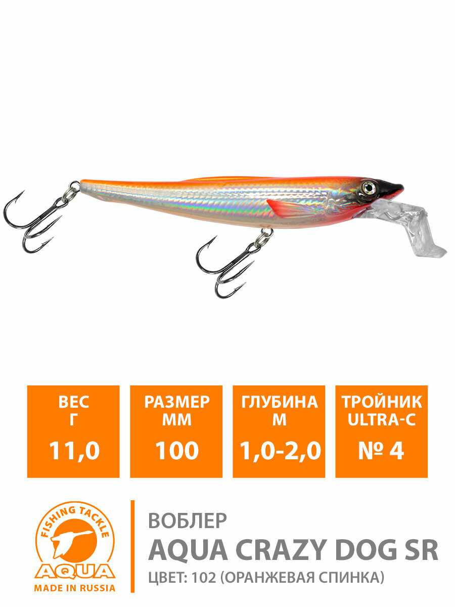 Воблер для рыбалки плавающий AQUA Crazy Dog SR 100mm 11g цвет 102