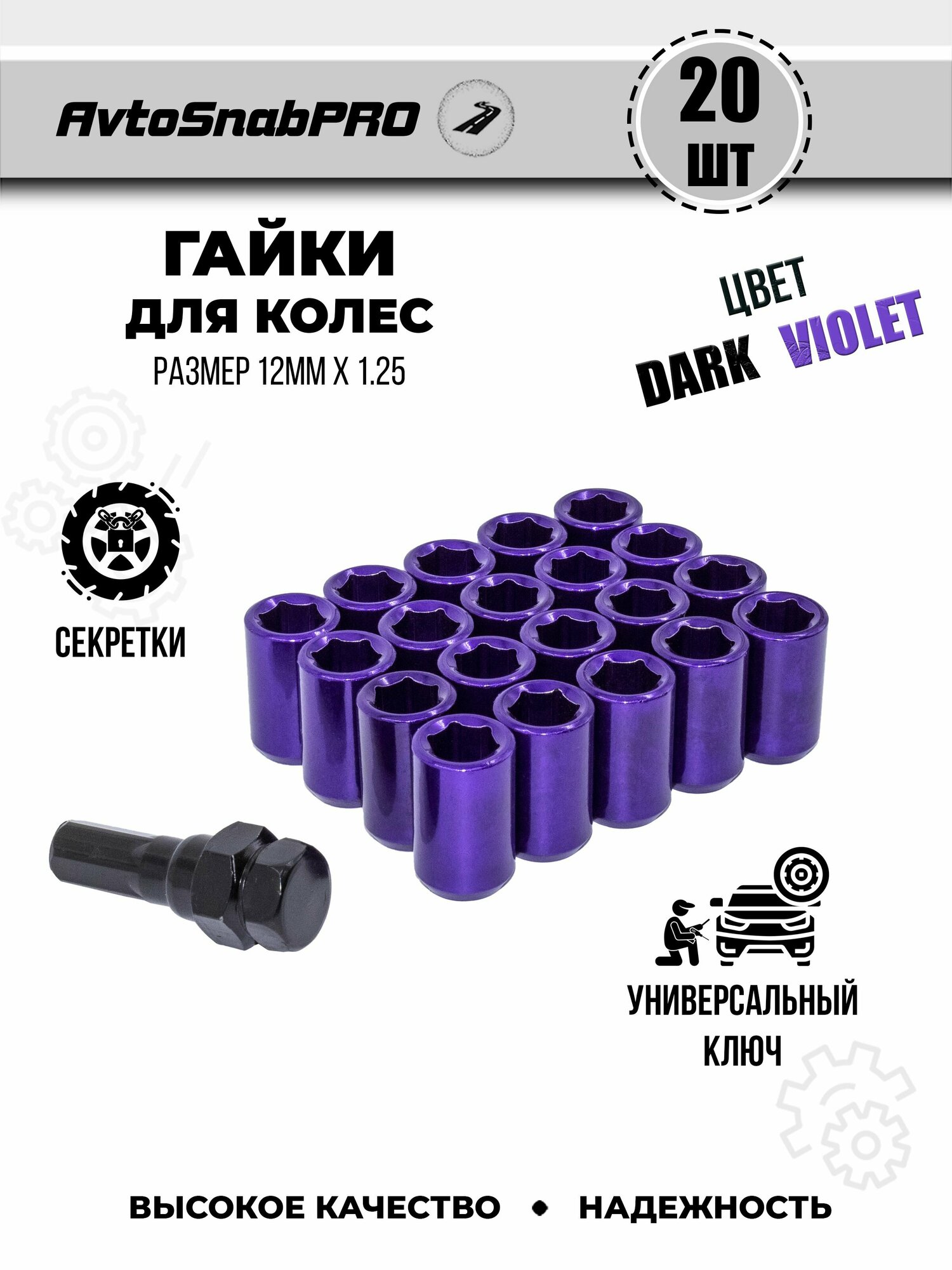 Гайки Secret Wheels, резьба M12x1.25, внутренний шестигранник, 20шт