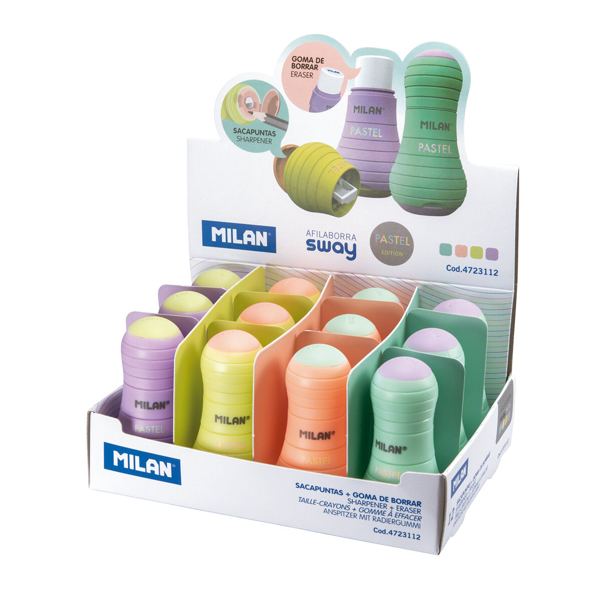 Milan Ластик-точилка Sway pastel 1 отверстие ассорти 4723112-EH70 - компактный набор для школ