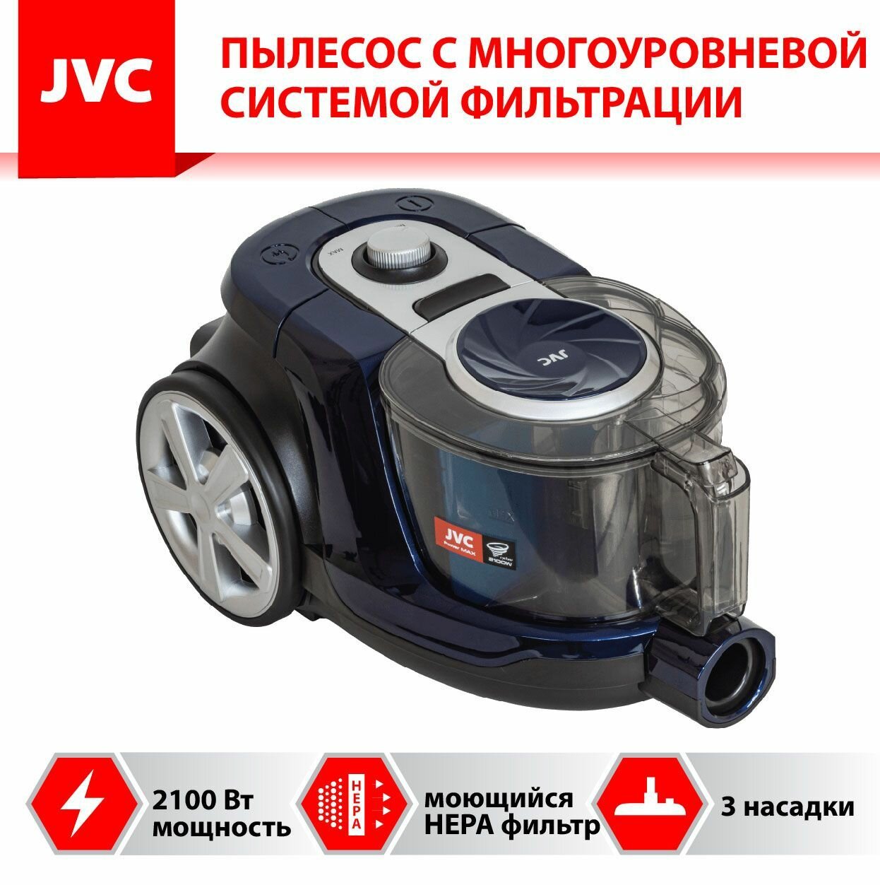 Бытовой пылесос JVC без мешка, циклон, многоуровневая система фильтрации, моющийся нера фильтр, 3 насадки, шнур 7 метров, 2400 Вт -lj