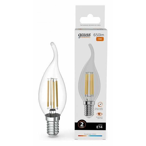 Gauss Elementary Filament Свеча на ветру Е14 10W(650lm) 2700К 120х35 прозр, стекло, нитевид 42110