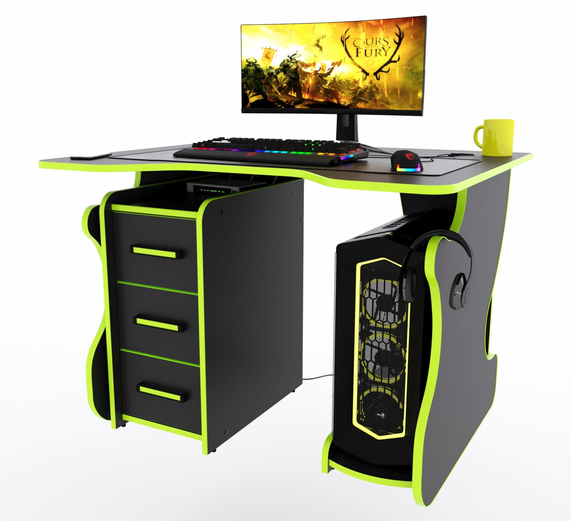 Игровой компьютерный стол "Даги" с тумбой, 100x80x75 см, чёрный с зелёной кромкой