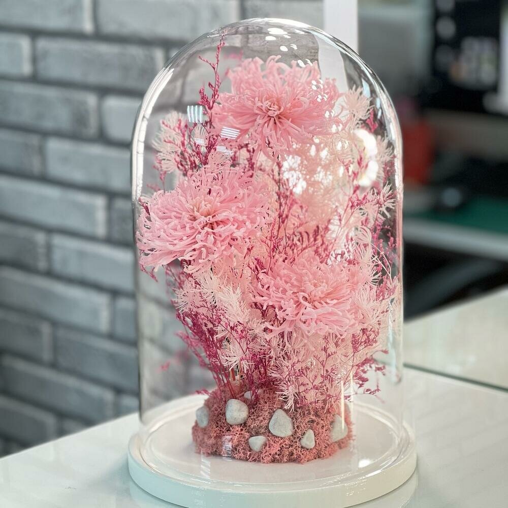 Букет Композиция в стекле "Розовая симфония" из розовых стабилизированных хризантем - живет 5 лет