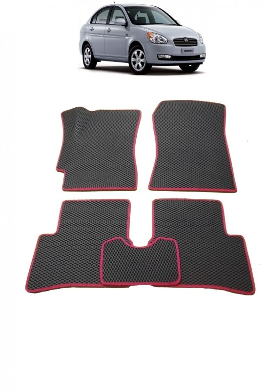 Ева коврики Hyundai Verna II 2005 - 2010/ Ева ЭВА сота/ цвет Черный c серой окантовкой / EVA Smart / коврики в салон автомобиля Хёндай