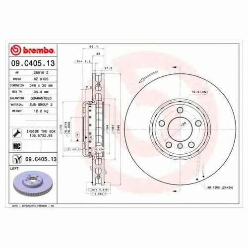 Диск тормозной передний Brembo 09C40513 для BMW 5 серия F07, F10, F11, 6 серия F06, F12, F13, 7 серия