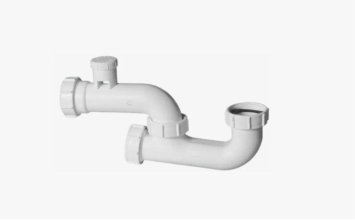 Сифон McAlpine трубный Р-образный 1 1/2" х 40 мм без вып. с ревизией и вент. клапаном, H=75 мм, выхо