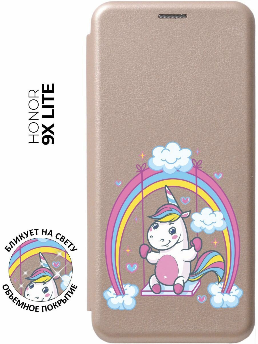 Чехол-книжка Unicorn на Honor 9X Lite / Хонор 9Х Лайт с 3D эффектом золотой