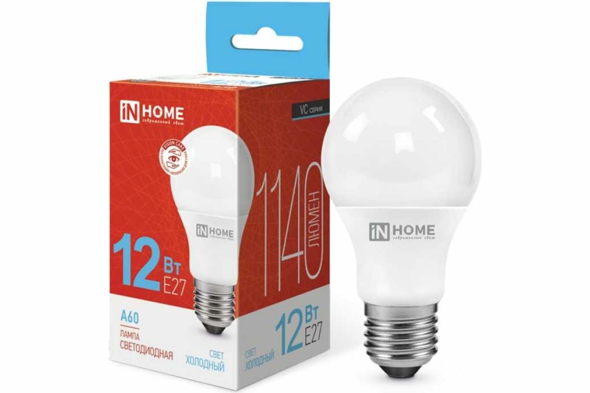 ASD InHome лампа светодиодная VC ЛОН A60 E27 12W(1140lm) 6500К 6K 110x60 (без пульсации) 0259
