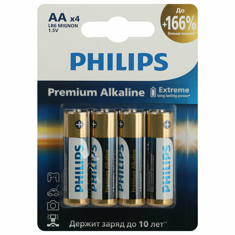 Батарейки алкалиновые "пальчиковые" комплект 4 шт PHILIPS Premium Alkaline, АА (LR6.2, Б0062753
