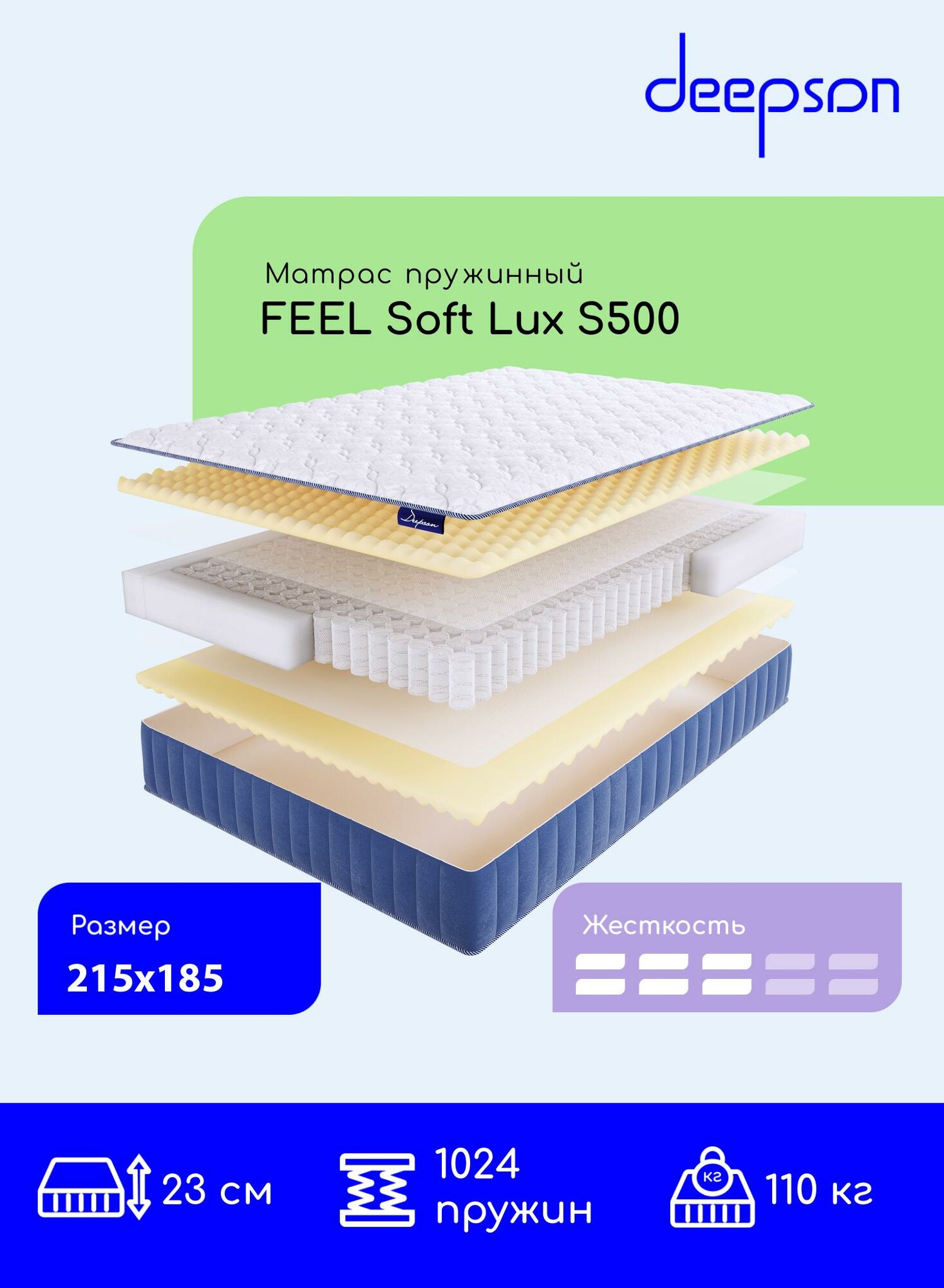 Матрас 215x185 пружинный двуспальный ортопедический Deepson FEEL Soft LUX S500