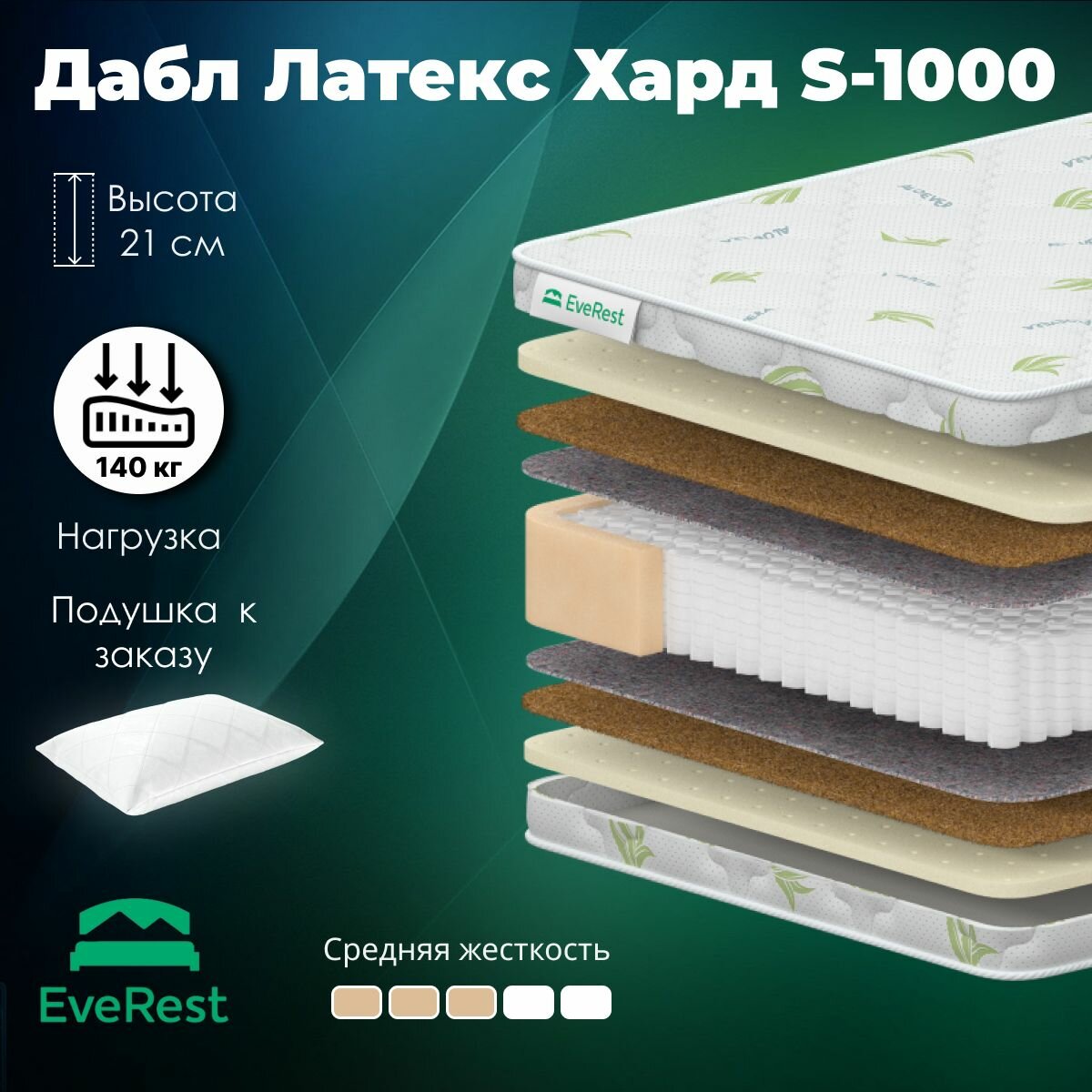 Матрас Everest Дабл Латекс Хард S-1000, 160x200, высота 21 см, независимые пружины, чехол Aloe Vera
