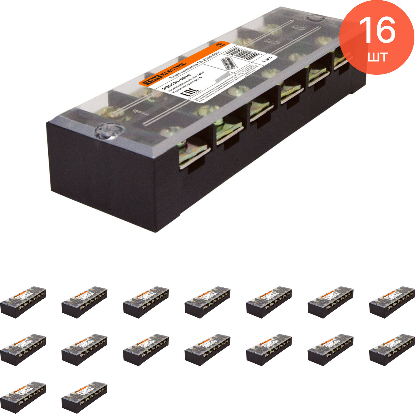 Блок зажимов TDM Electric / ТДМ Электрик ТВ-2506 колодка клеммная в корпусе из пластика черная, сечение 2.5мм2, 25А, 660В, 6 пар контактов / электрика (комплект из 16 шт)