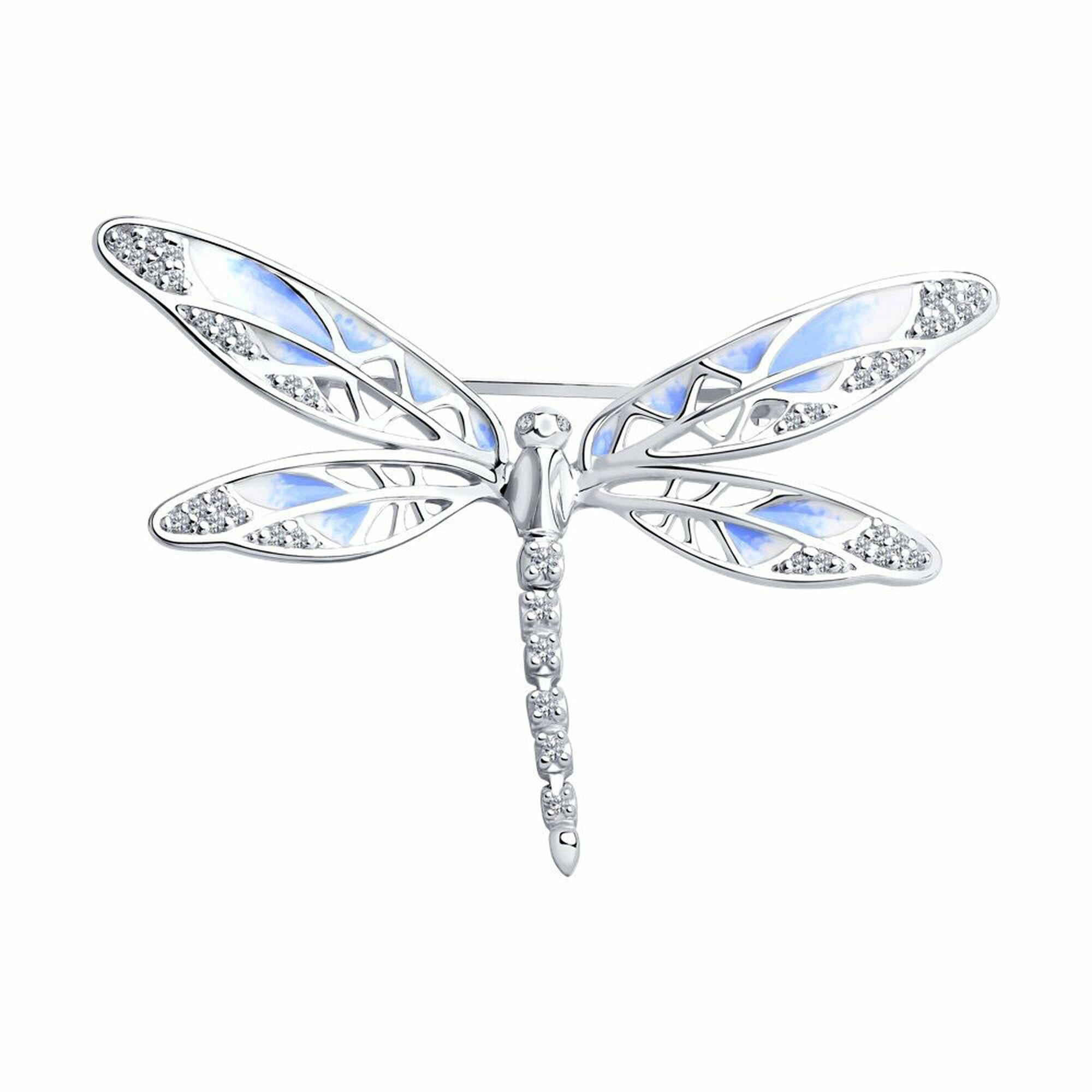 Брошь, серебро, 925 проба, родирование, эмаль, фианит