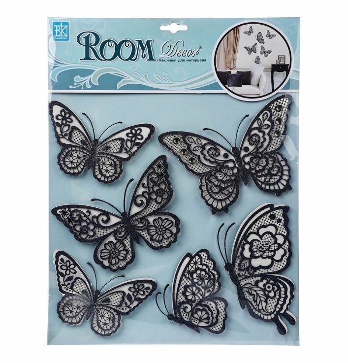 Наклейка Мерцающие бабочки черные 30,5х30,5 см