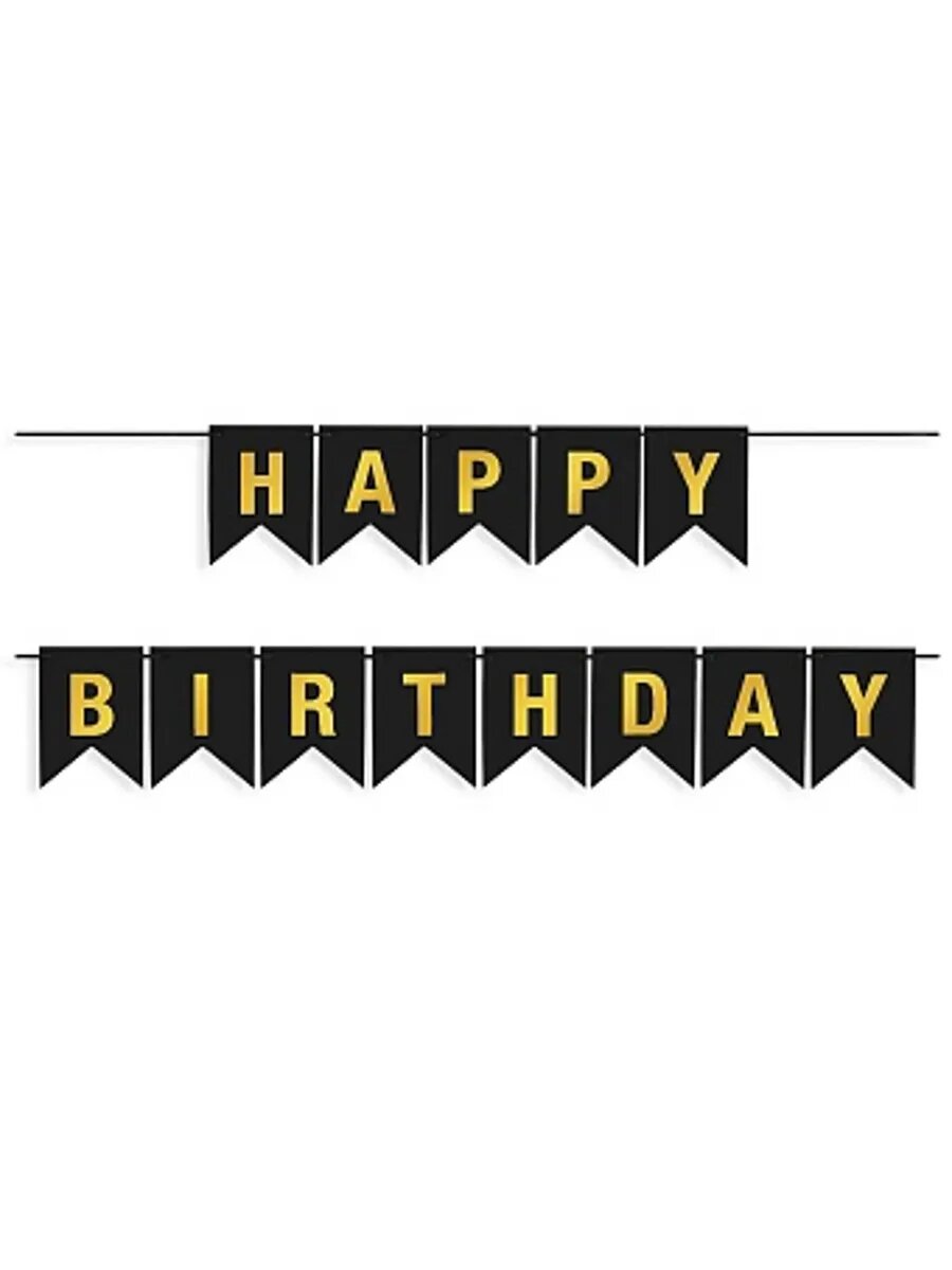1шт. Гирлянда Флажки, Happy Birthday, Черный/Золото, Металли