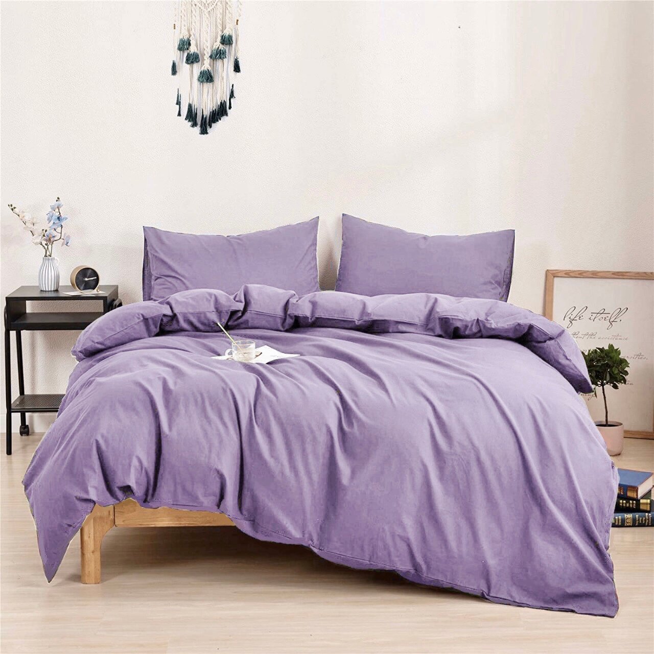 Однотонное постельное белье, цвет Фиалка, 2-спальный, матовый сатин, наволочки 70x70, с простыней на резинке 140х200 см