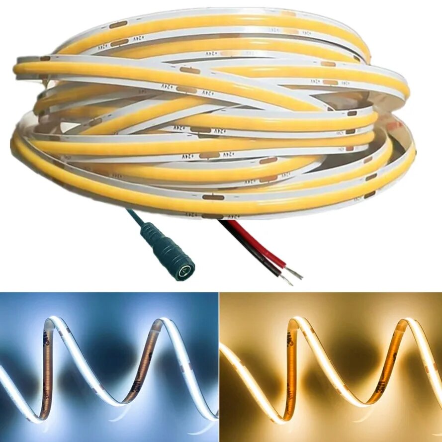 Светодиодная лента RnnTuu COB 8 мм, 320 светодиодов, DC plug 12V, 4000K Natural White, 5м