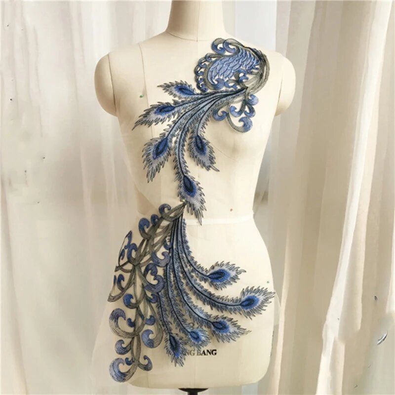 Перо-аппликация синяя, кружево для одежды, Style9 1Pc