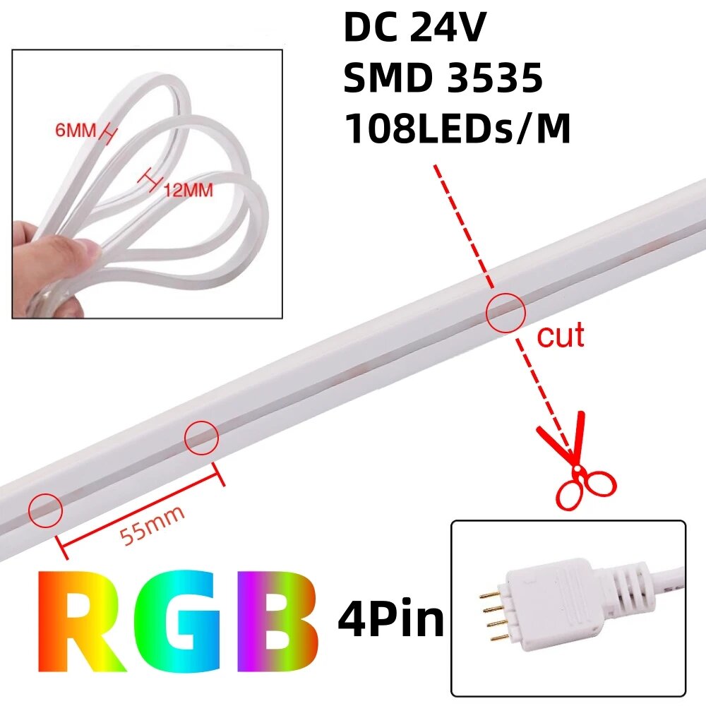 RGB светодиодная лента HEGEHE 12/24В 108 светодиодов/м 24V 108leds 6X12MM, 4 м