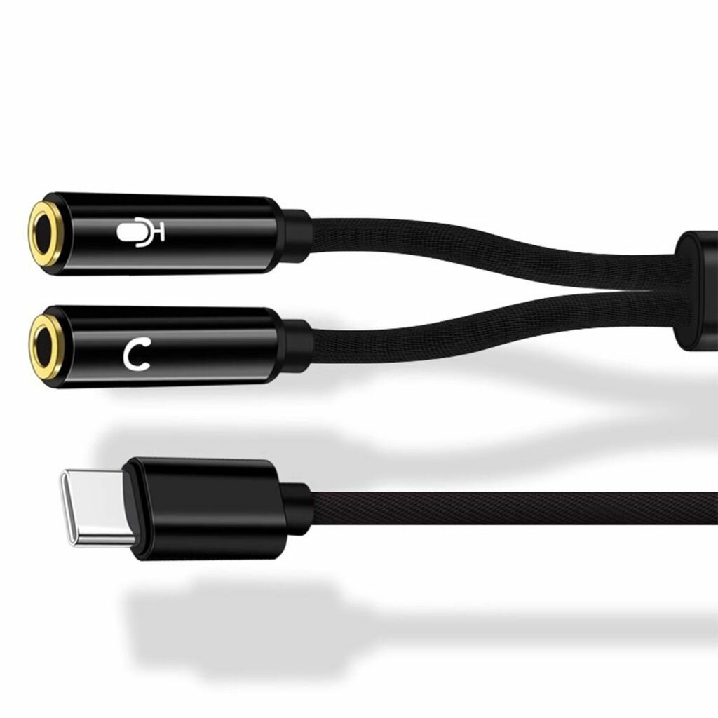 Кабель для подключения к Интернету, Type C разветвитель на два 3.5mm аудиоразъема - черный