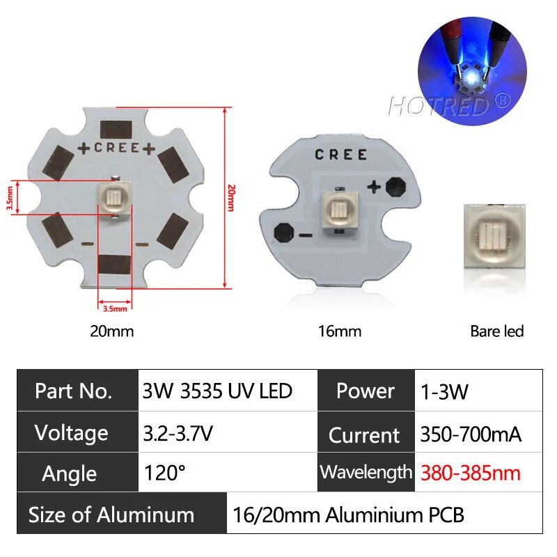 HotRed UV LED 3535 1-3W 380-385nm 10шт