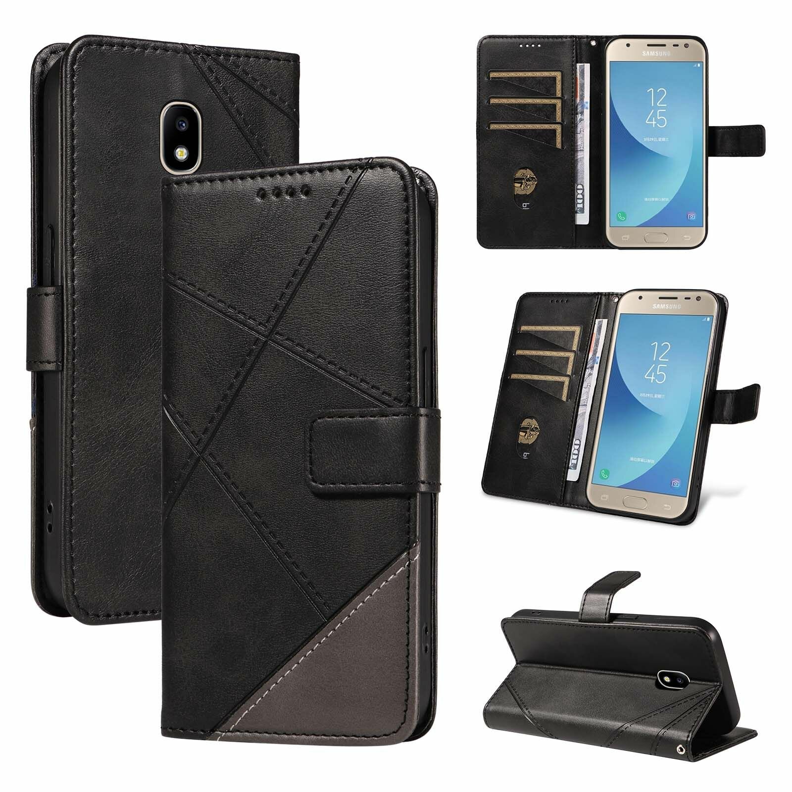 YIKATU Чехол книжка для Samsung Galaxy J5 2017 / J530 (Самсунг Галакси J5 2017) кожаный черный с магнитной застежкой, flip чехол с функцией подставки, С вытяжным шнуром