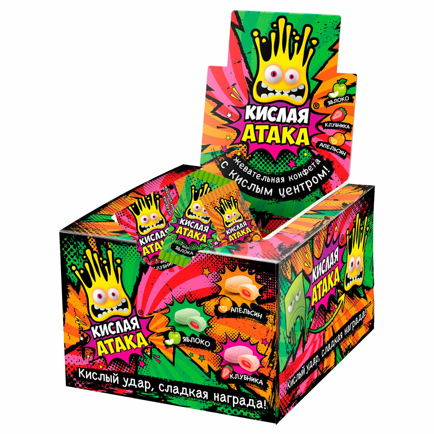 Конфета жевательная кислая атака с кислым центром, ассорти 3 вкусов, 4,5 г, KA-1-1 (упаковка 60 шт.)