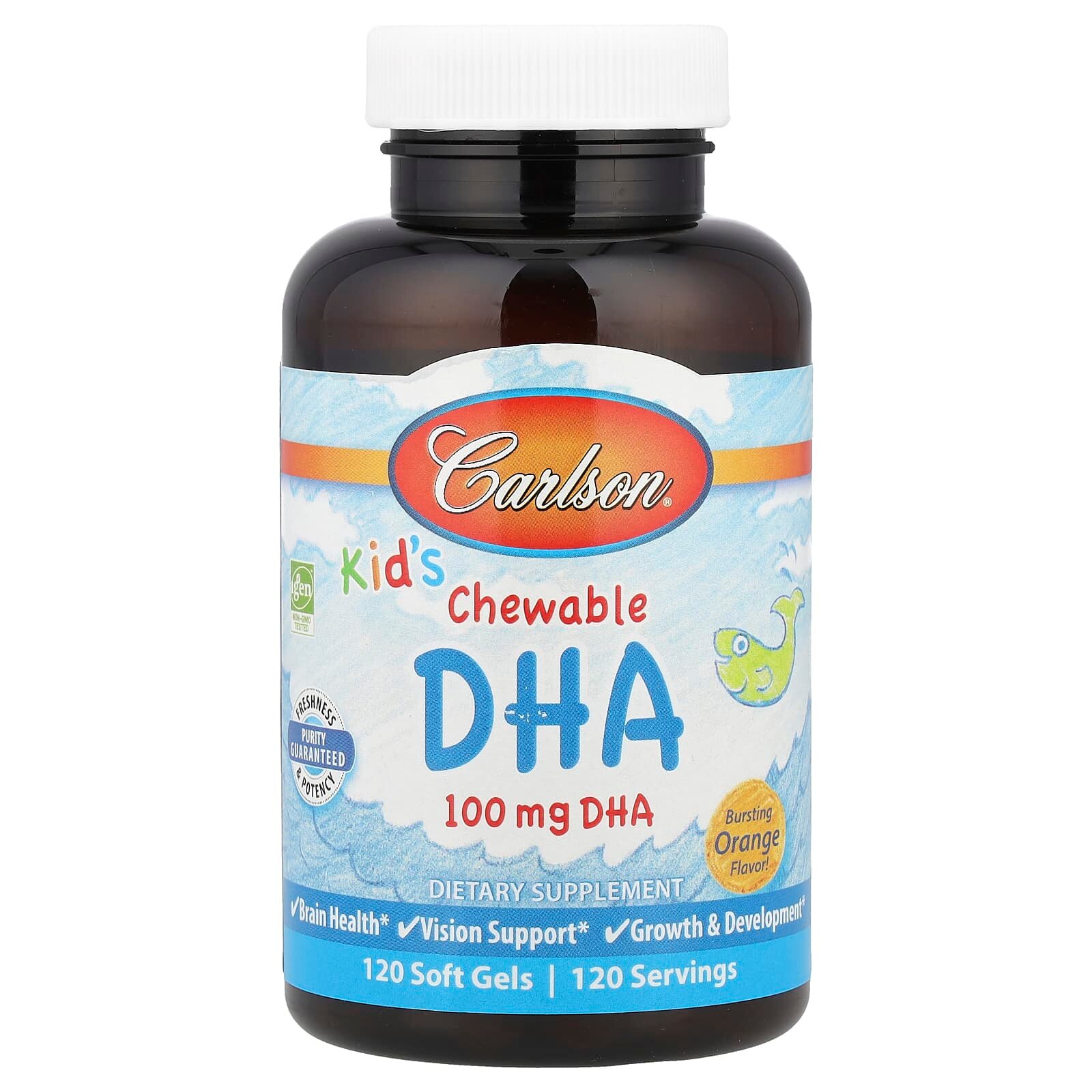 Омега 3, Carlson Labs Kids Chewable DHA, 100 мг, 120 гелевых капсул, Апельсин