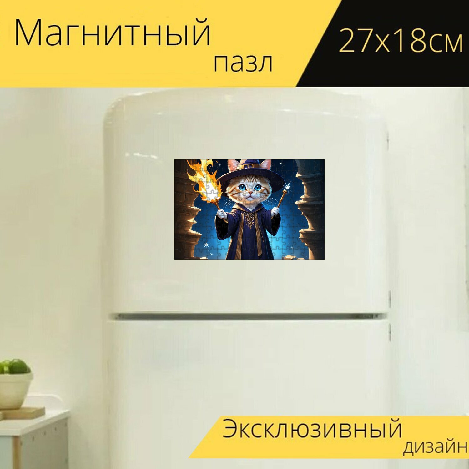 Магнитный пазл "Стиль детская иллюстрация, Кот-волшебник в длинном тёмно-синем платье и мантии с золотой вышивкой, на голове большая шляпа с закруглённым." на холодильник 27 x 18 см.