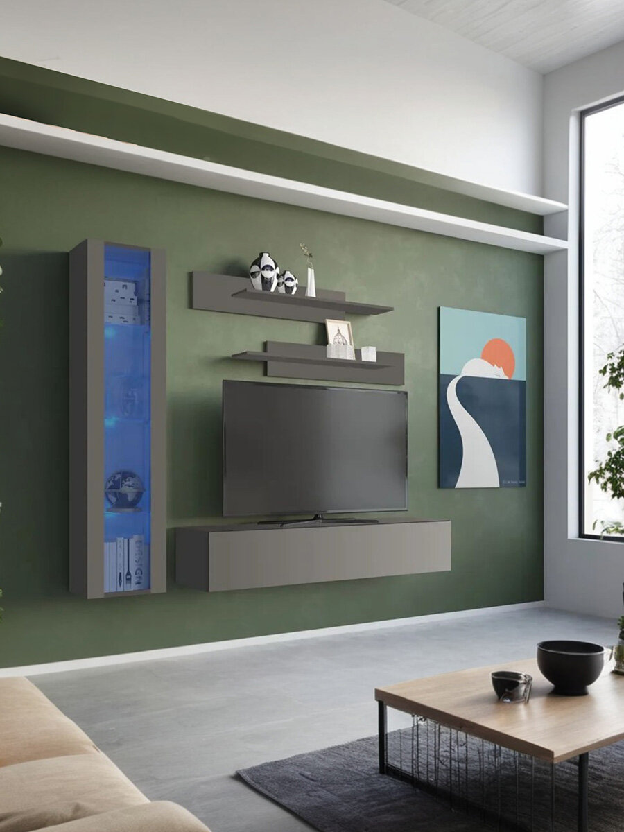 Комплект мебели в гостинную, модульная стенка для дома и квартиры, гостиная Point, Серый Графит, 160х160х40 см (ШхВхГ)