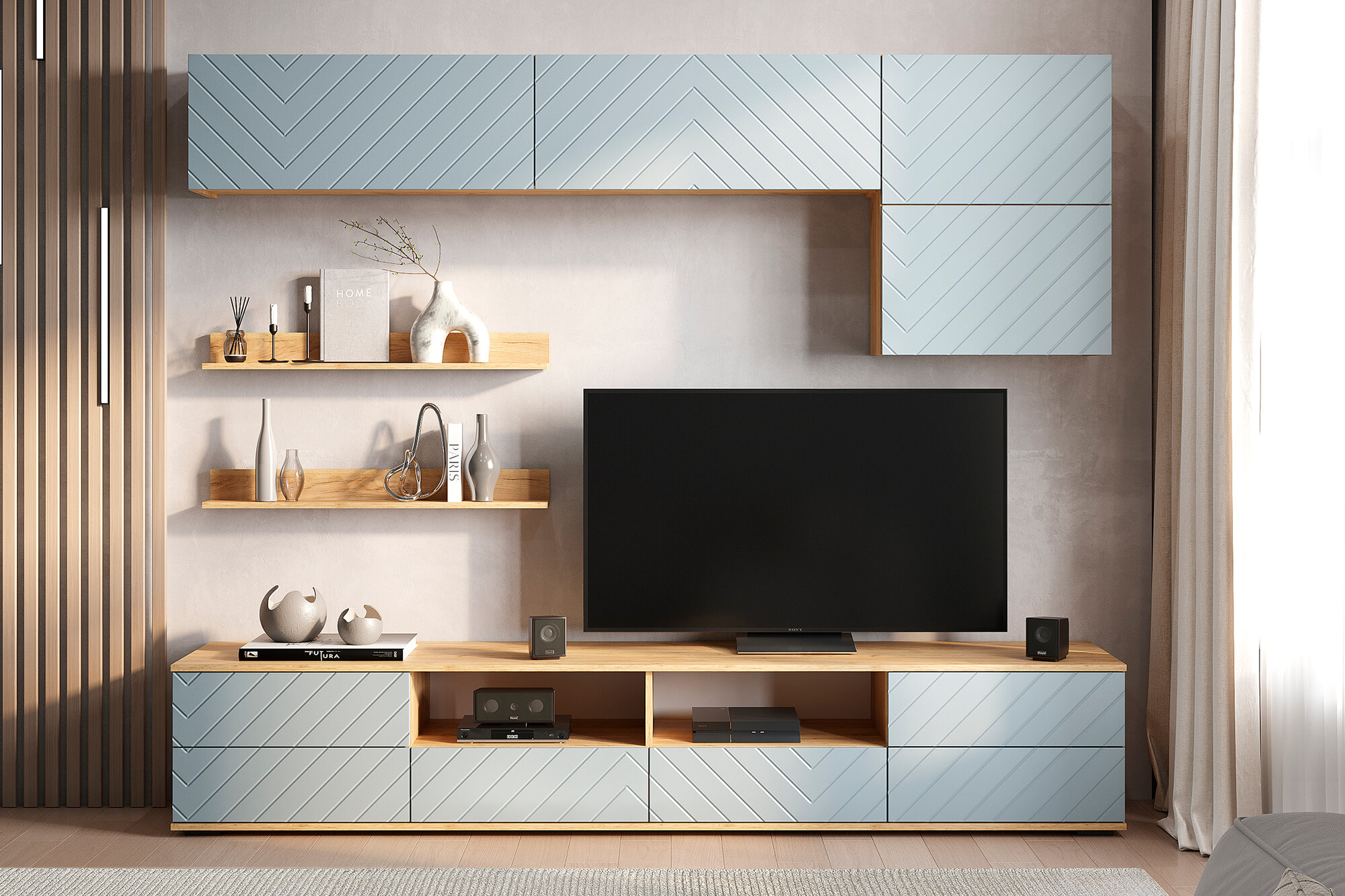 Стенка в гостиную Нонтон Камелия, 240 см, крафт / шарли бриз